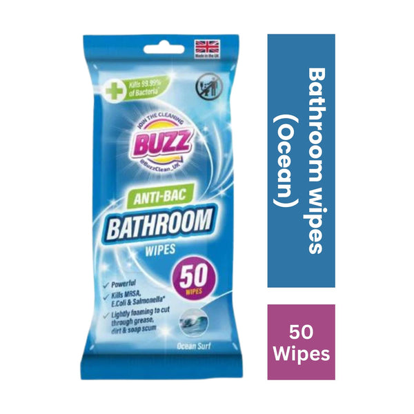 Buzz Bathroom Anti Bacterial Wipes 50pk Ocean – Saras Foods UK